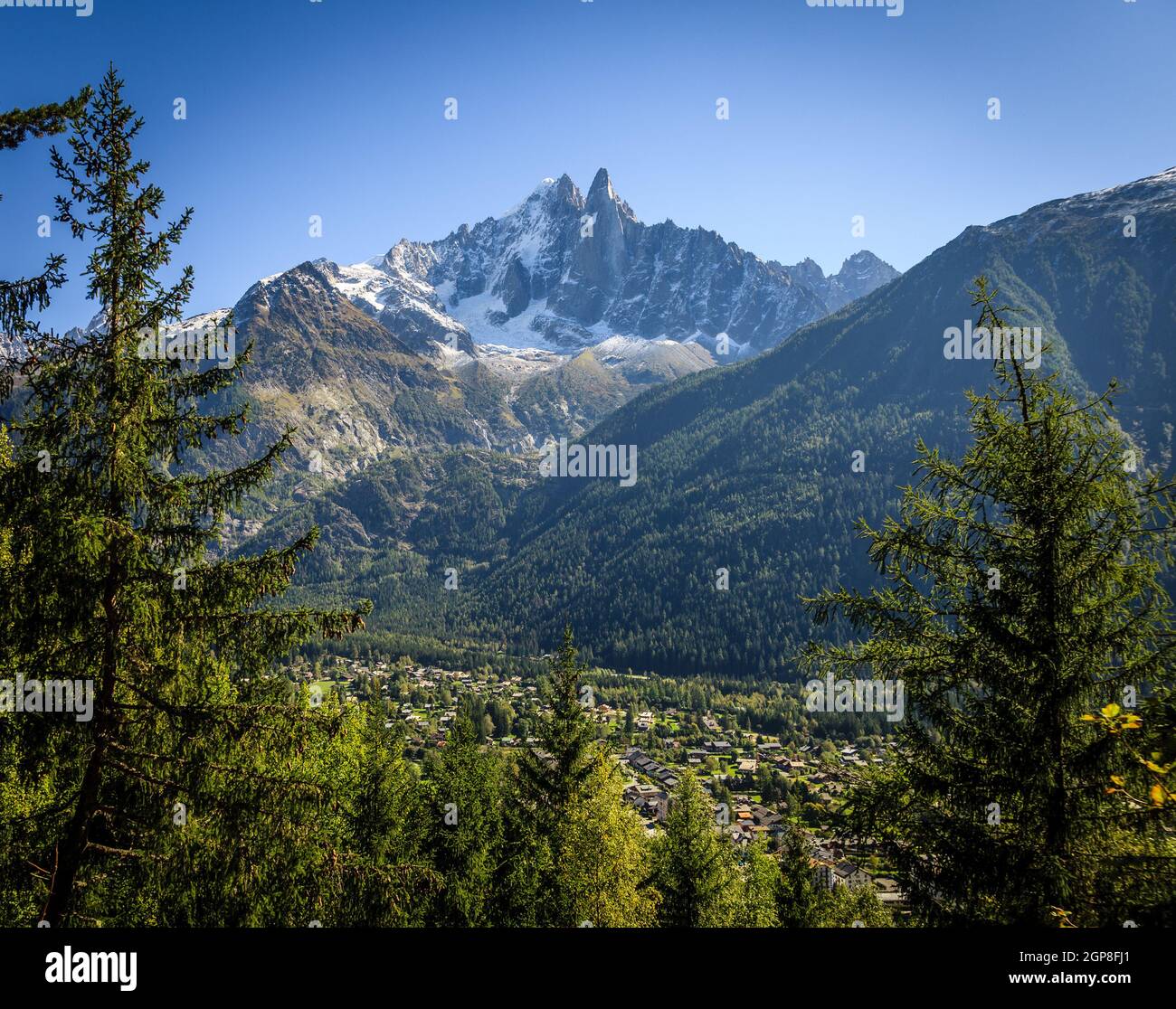 Scenic view of Aiguille du Dru (the Dru) and the Chamonix Valley in ...