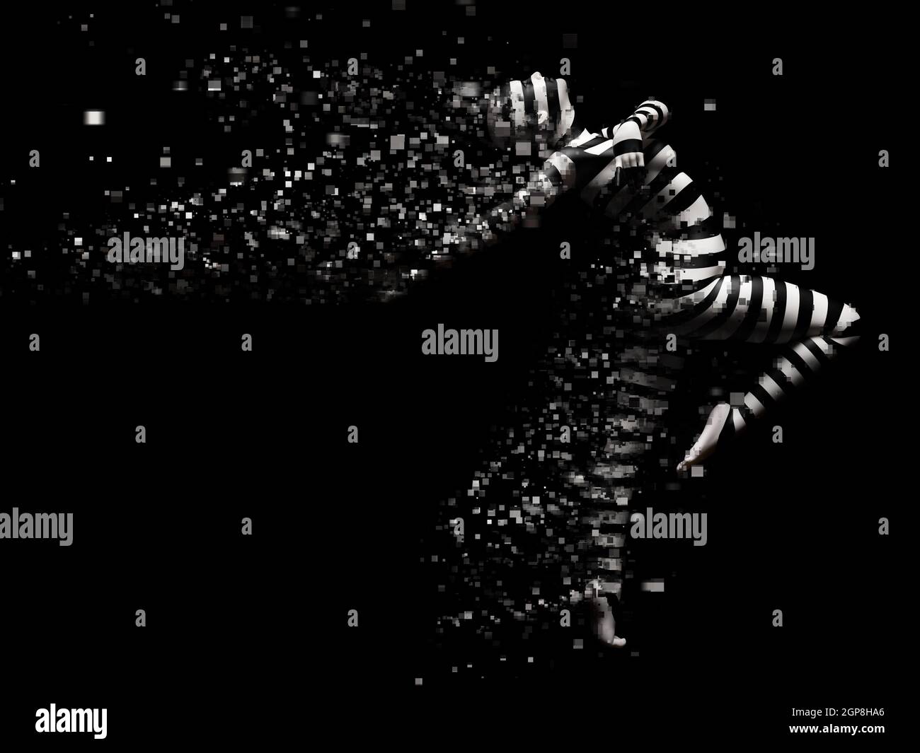 3D rendering of a surreal striped woman that shatters. The body is ...