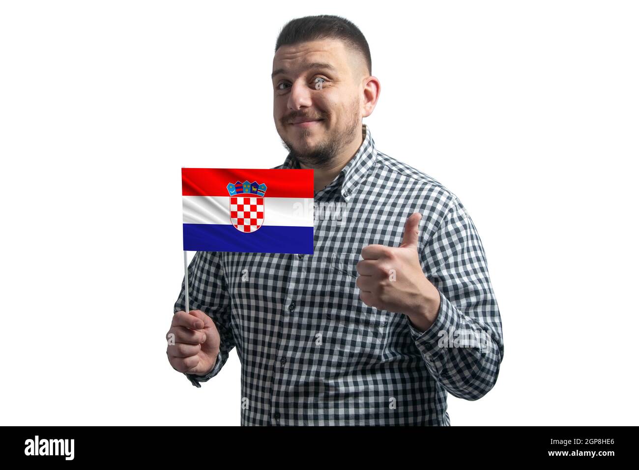 White guy holding a flag of Croatia and shows the class by hand ...