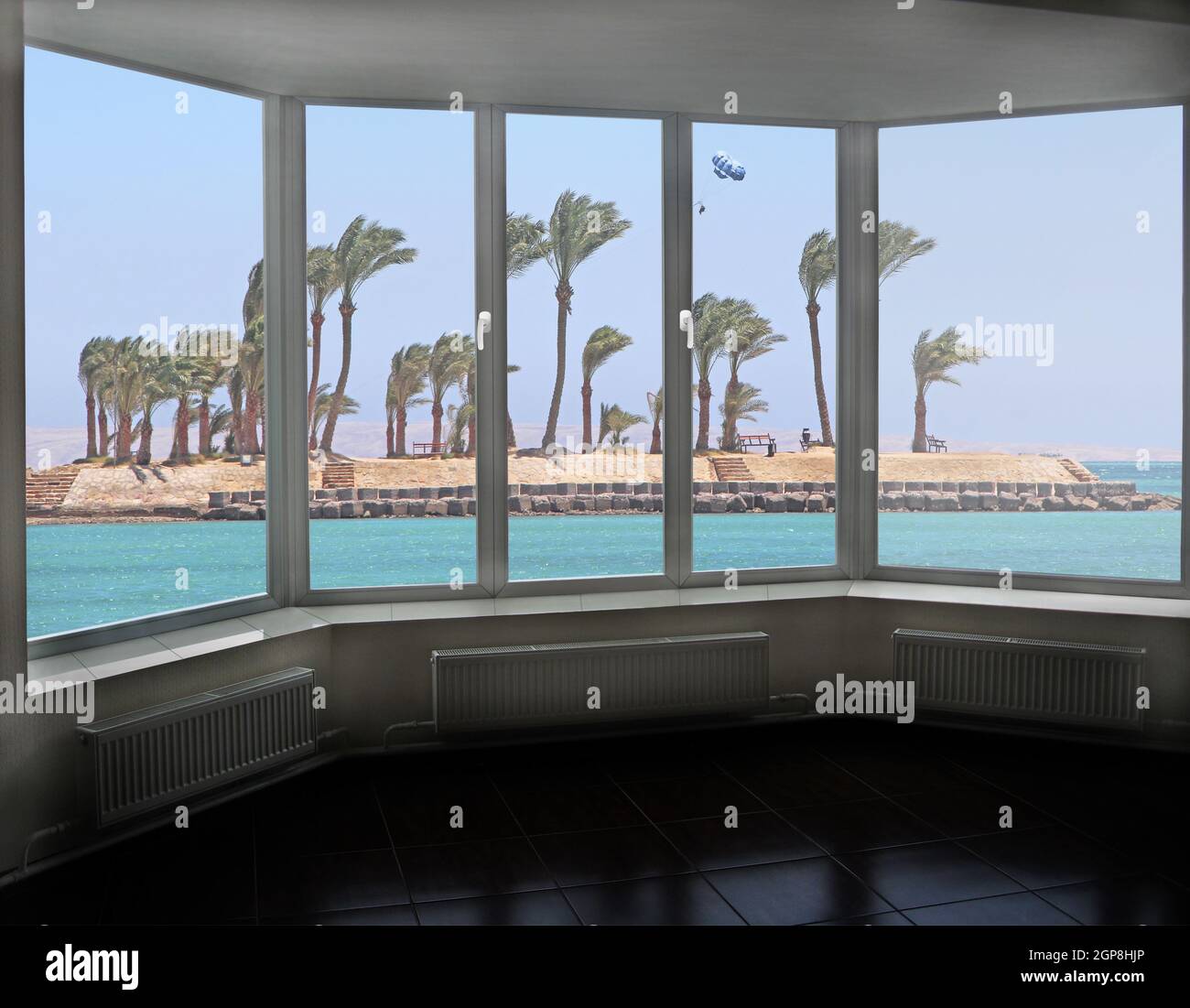 Cozy room overlooking the sea. Landscape with ocean. modern plastic ...