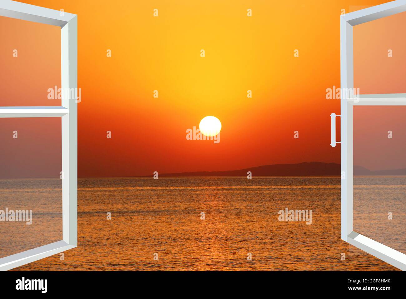 Window open into sunset over the sea. View of sunrise over sea from ...