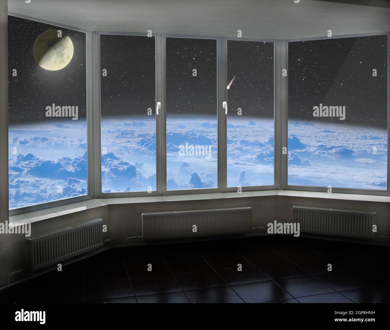 Room window with view to space above Earth's atmosphere Moon comet and ...
