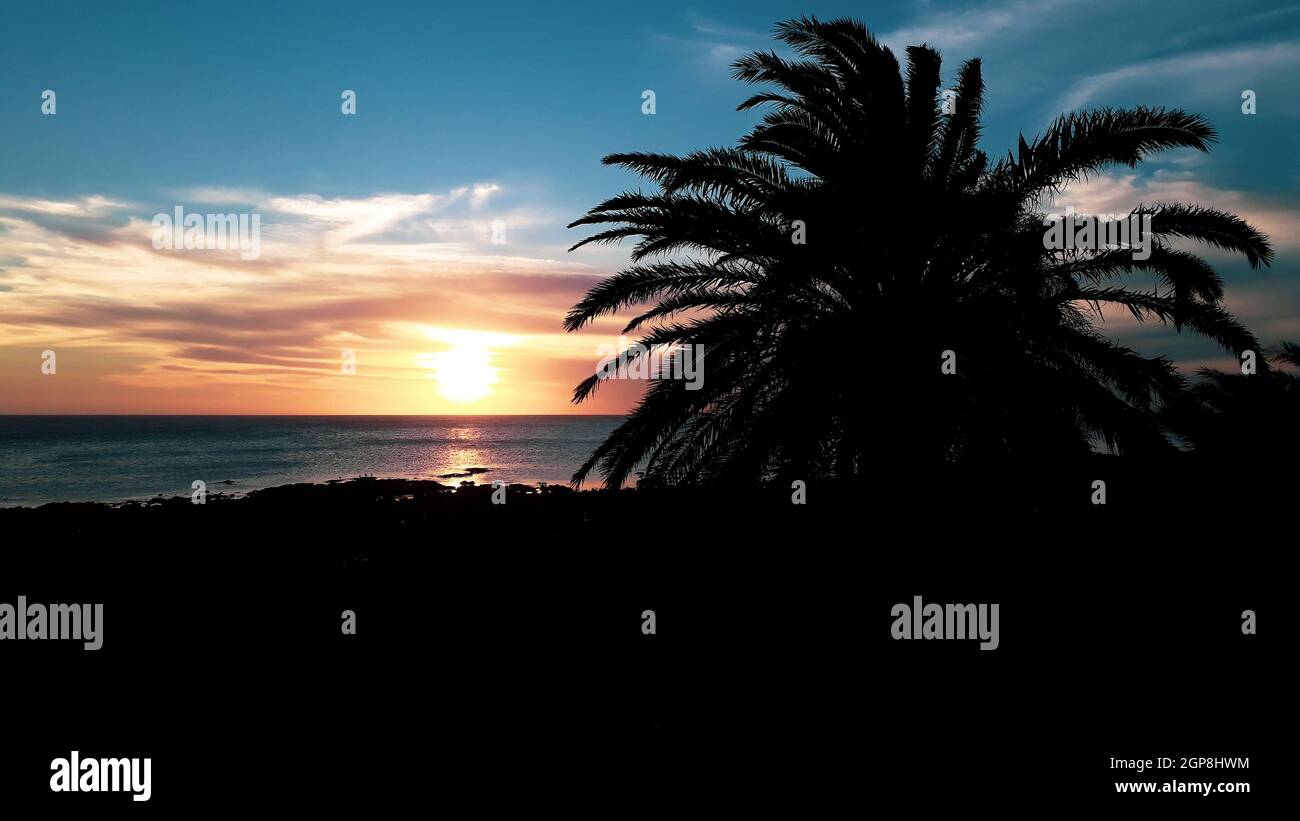 High contrast sunset silhouette coastal scene at montevideo city ...