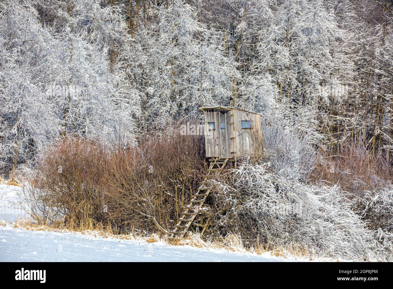Winter european landscape with hunting tower covered with snow after ...