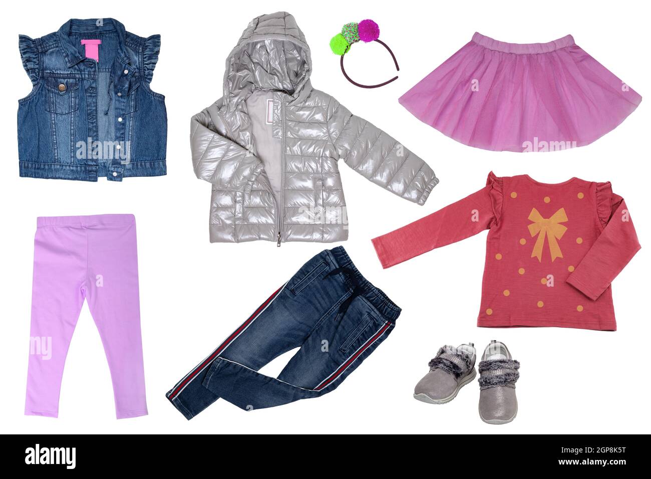 Collage set of little girl spring clothing isolated on a white ...