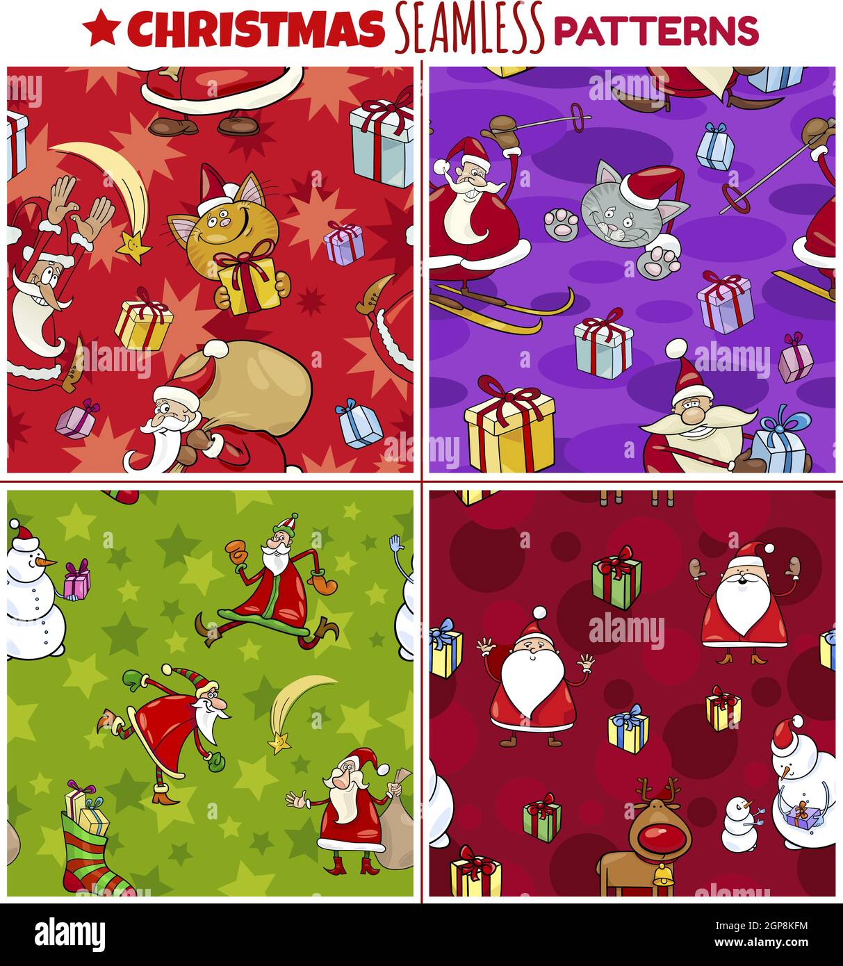 cartoon illustration of seamless patterns set with Santa Claus and ...