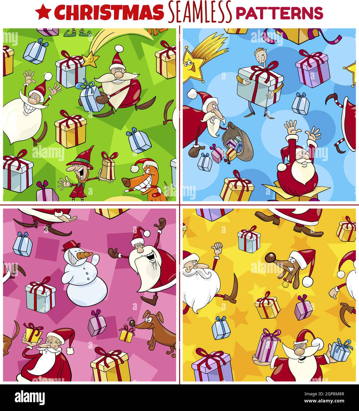 Seamless patterns cartoon illustration set with Santa Claus and ...