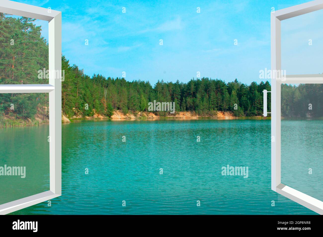 Opened window in room with panoramic view to forest lake. landscape ...