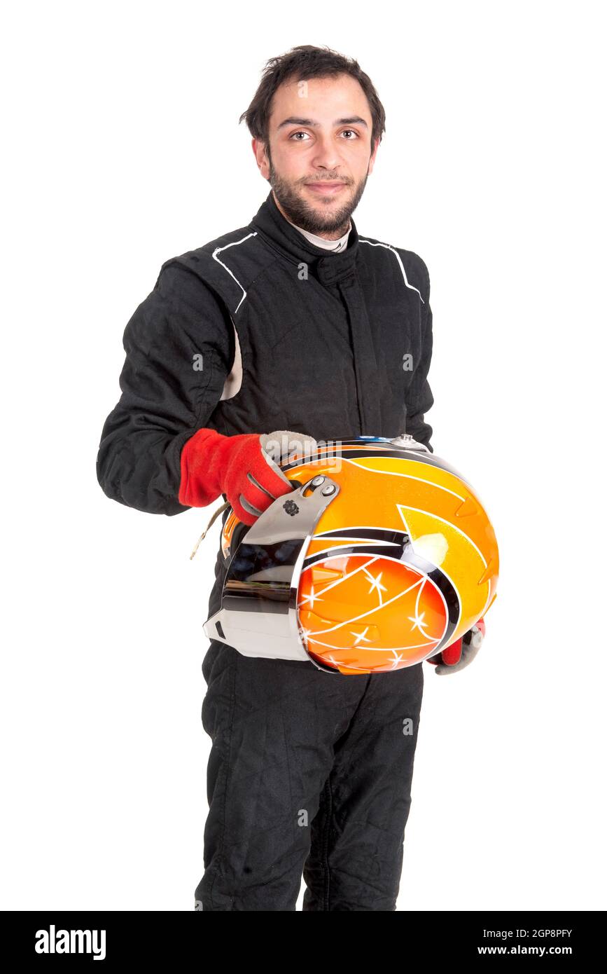 Racing driver posing with helmet isolated in white Stock Photo - Alamy