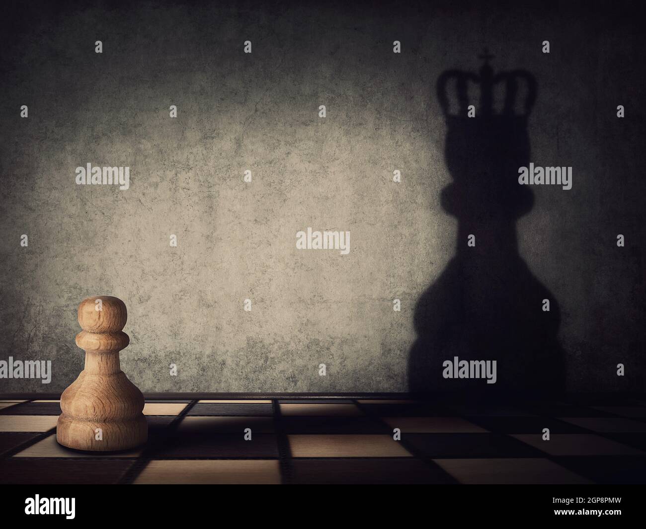 Surreal transformation of the pawn chess piece into a powerful king or ...
