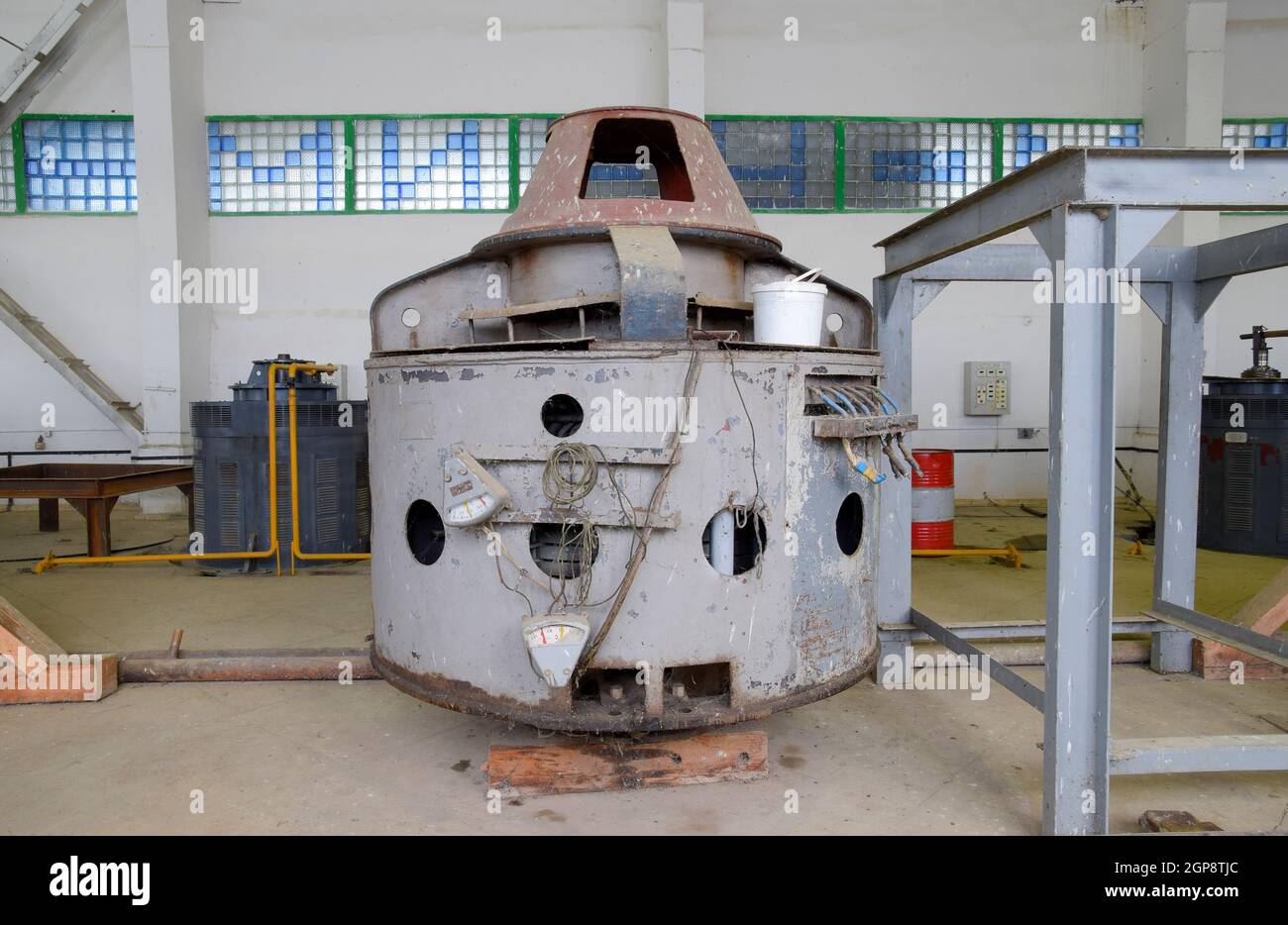 Engines of water pumps at a water pumping station. Pumping irrigation ...