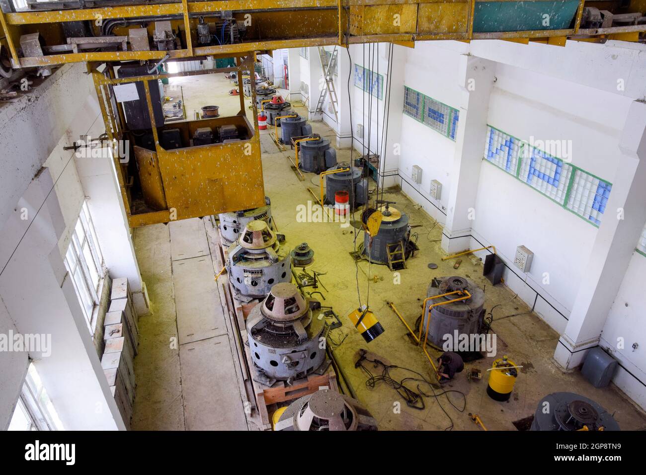 Engines of water pumps at a water pumping station. Pumping irrigation ...