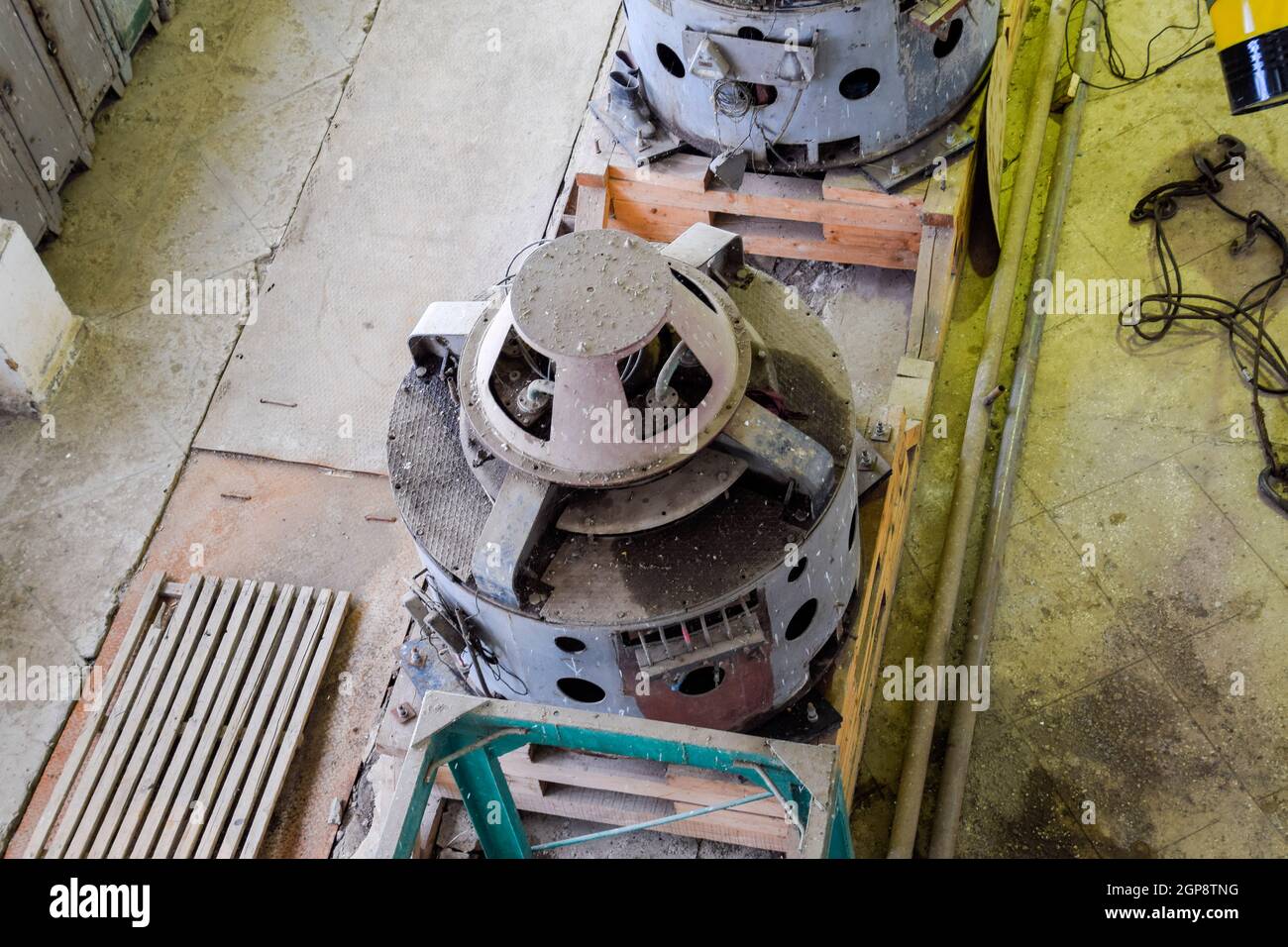 Engines of water pumps at a water pumping station. Pumping irrigation ...