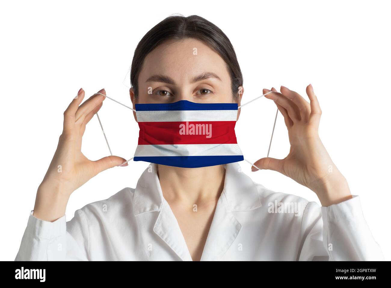 Respirator with flag of Costa Rica Doctor puts on medical face mask ...