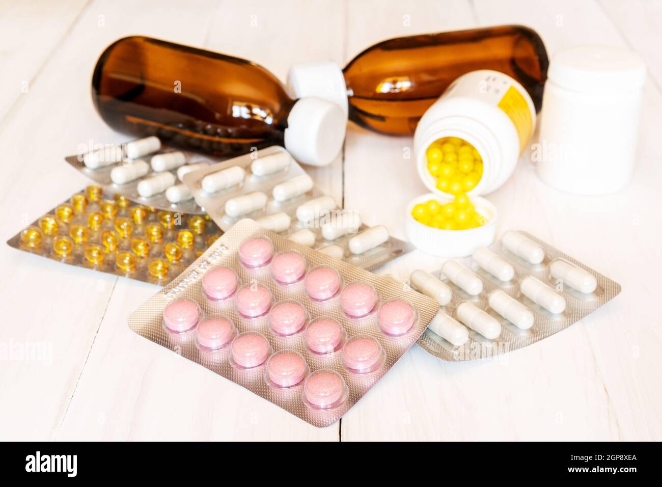Assorted pharmaceuticals, medicine pills, tablets and capsules on ...