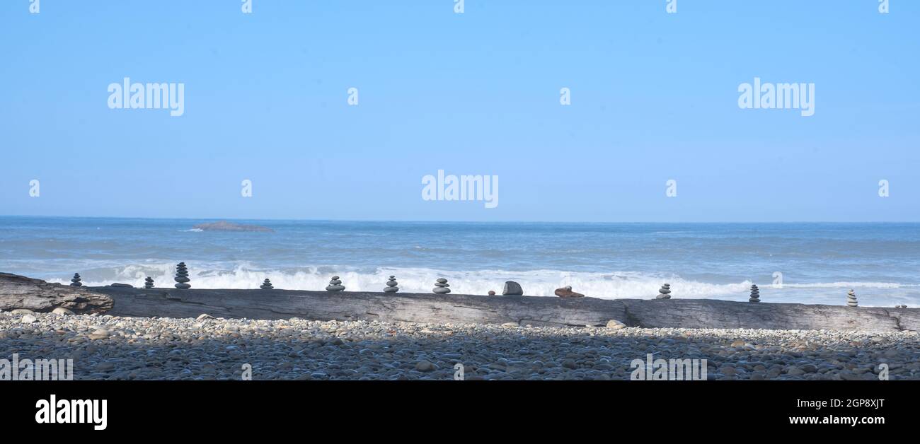 Ruby Beach, WA - USA - Sept. 21, 2021: Horizontal view of cairns, piled ...