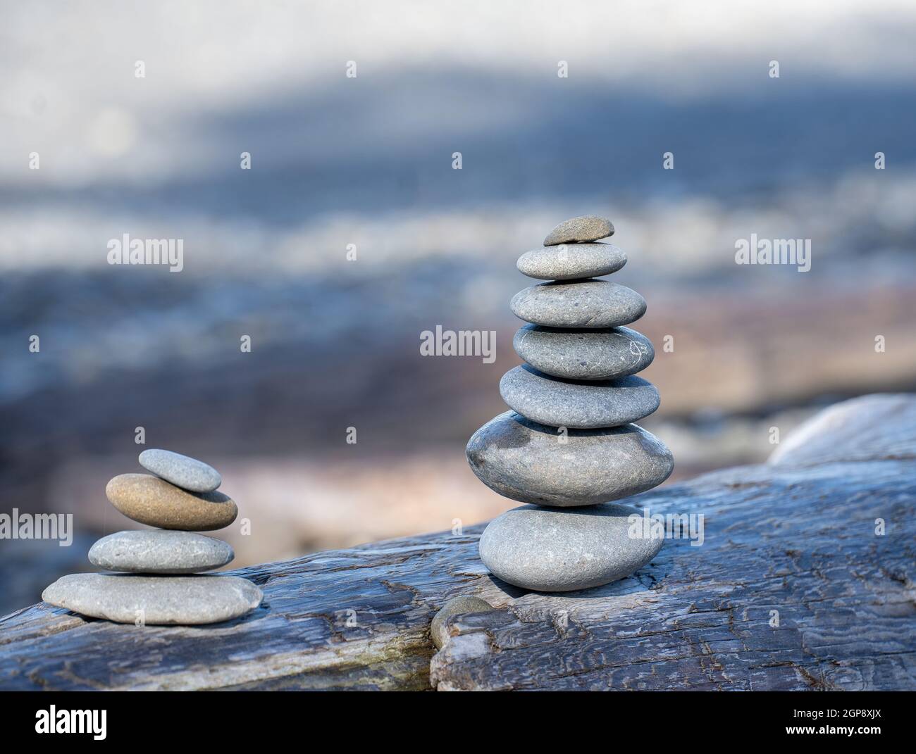 Ruby Beach, WA - USA - Sept. 21, 2021: Horizontal view of cairns, piled ...