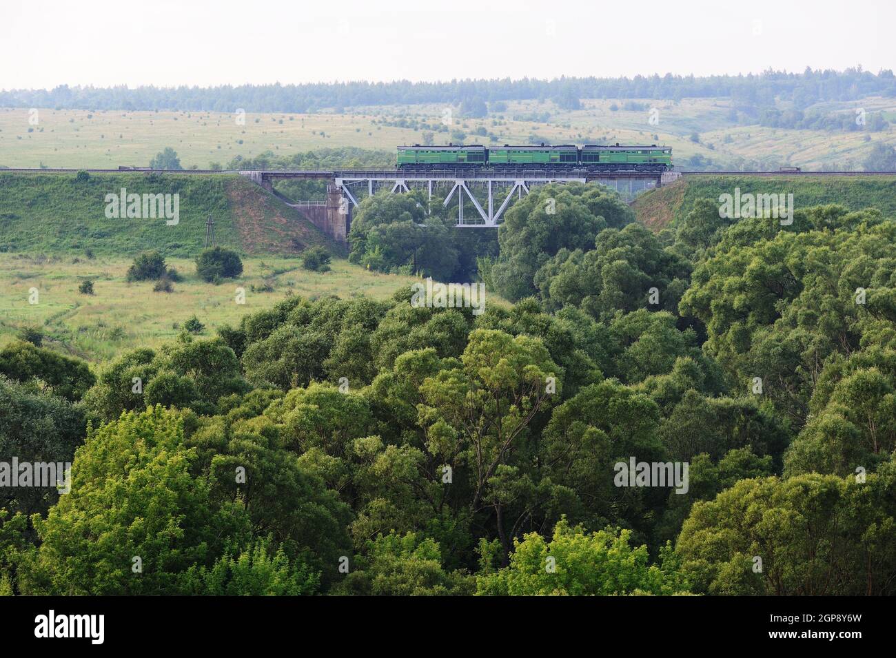 Railway bridge with locomotive and green trees foreground at morning ...
