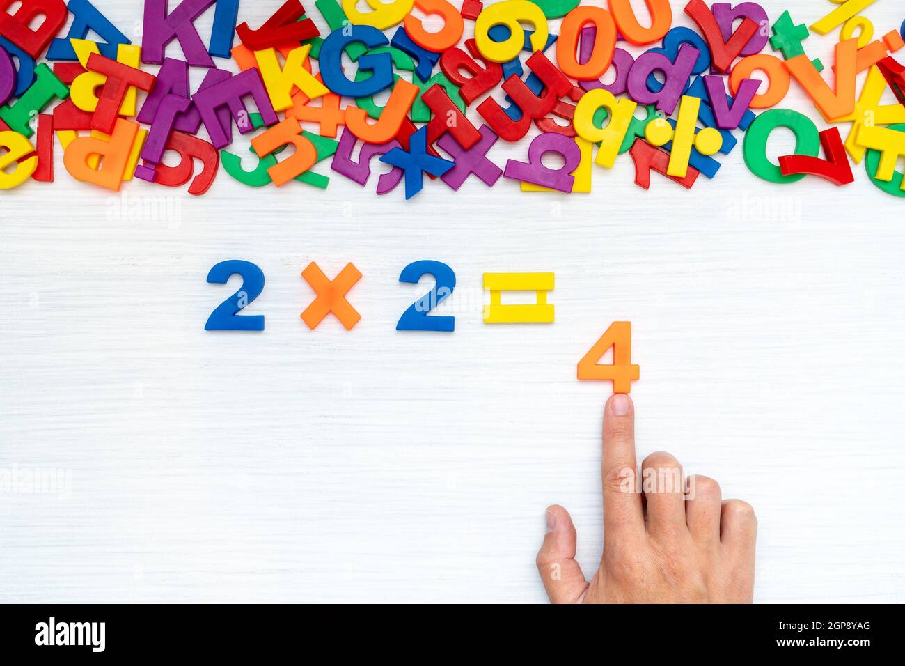 Man's hand doing simple multiplication with colorful numbers Stock ...