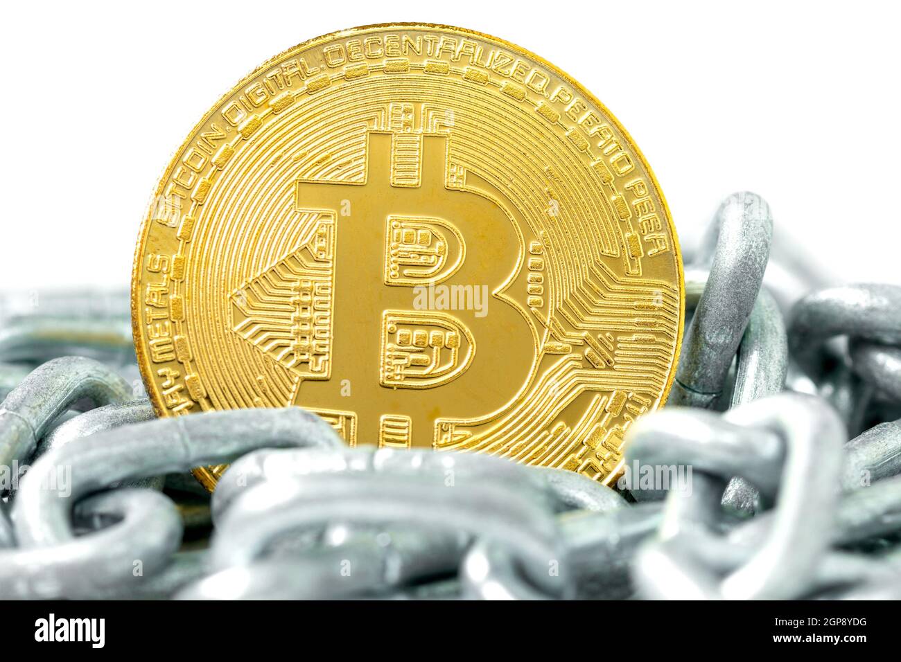 Bitcoin is chained in a chain. Close-up view Stock Photo - Alamy