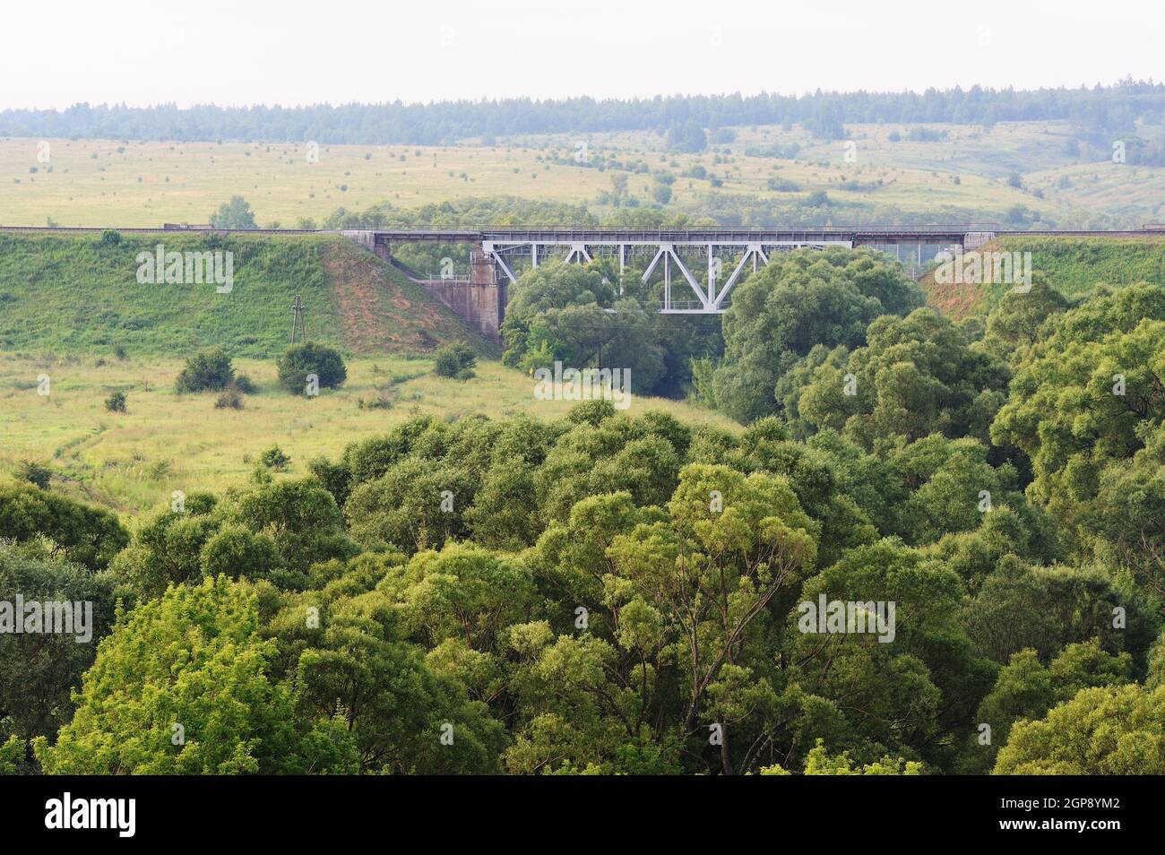 Railway bridge and green trees foreground horizontal Stock Photo - Alamy
