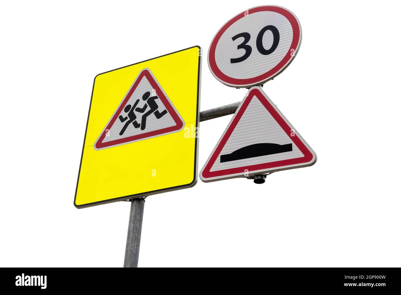 School crossing roadside warning and speed limit signs. Isolated on ...