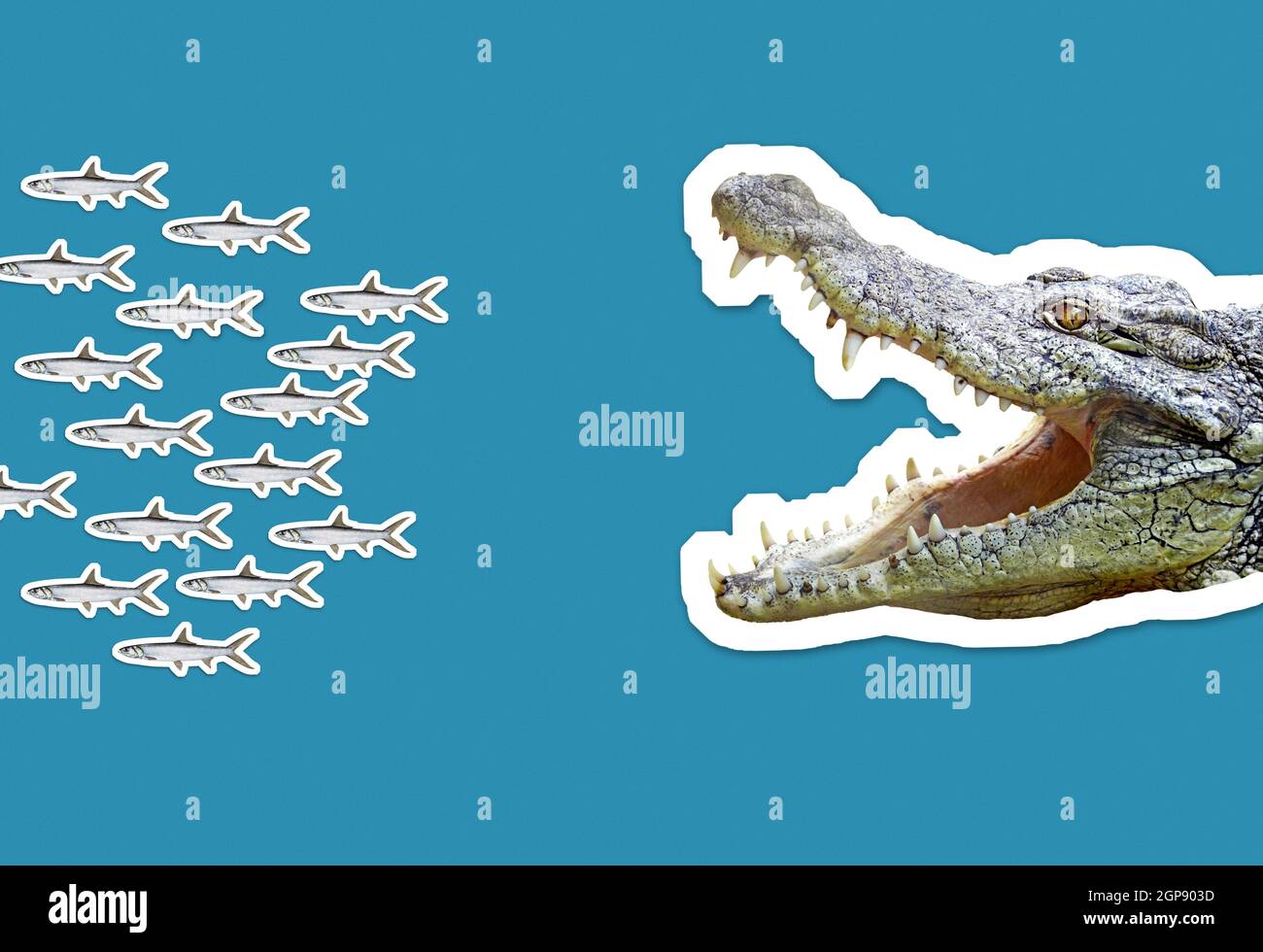 School of fish escaping predator crocodile jaws illustration in collage ...