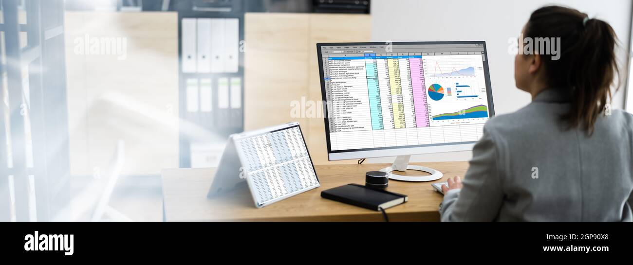 Woman Using Finance Spreadsheet Report On Laptop Screen Stock Photo - Alamy