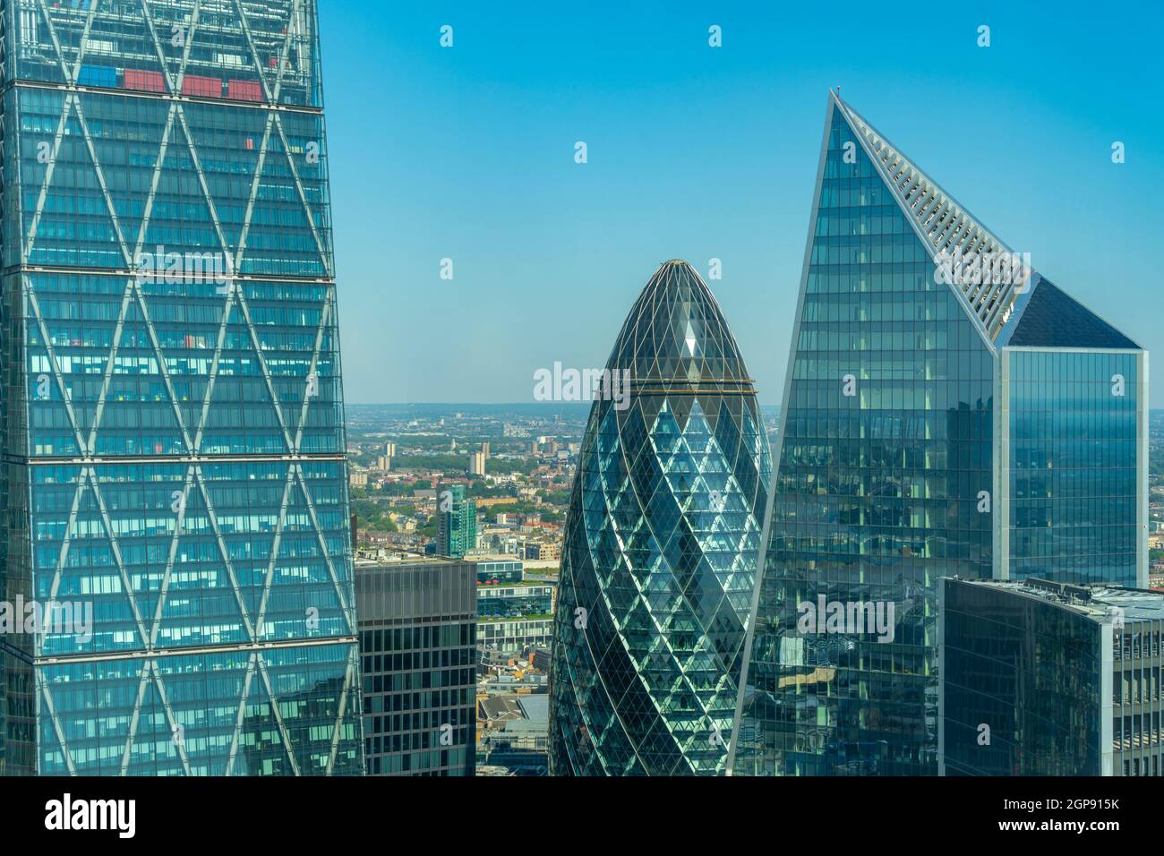 Aerial view of The Gherkin from neighbouring building, London, England ...