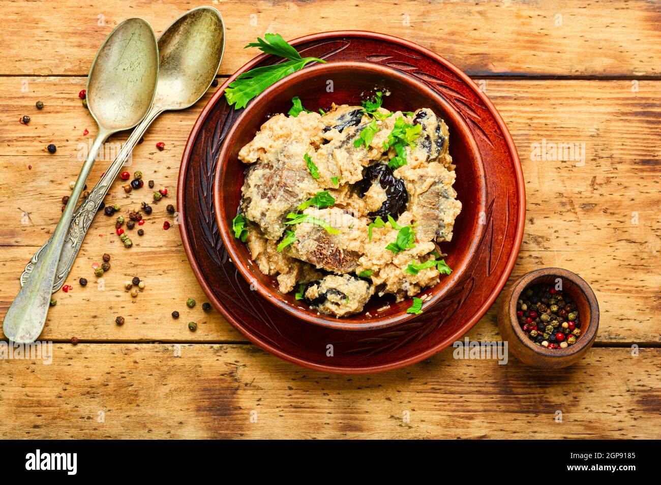 Goulash or beef stew in a plate.Plate of hungarian goulash on rustic ...
