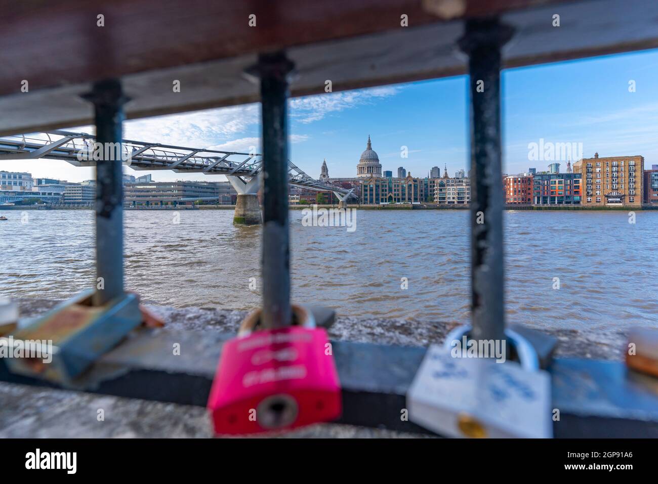 View of St Paul's Cathedral, river Thames and love locks, London ...