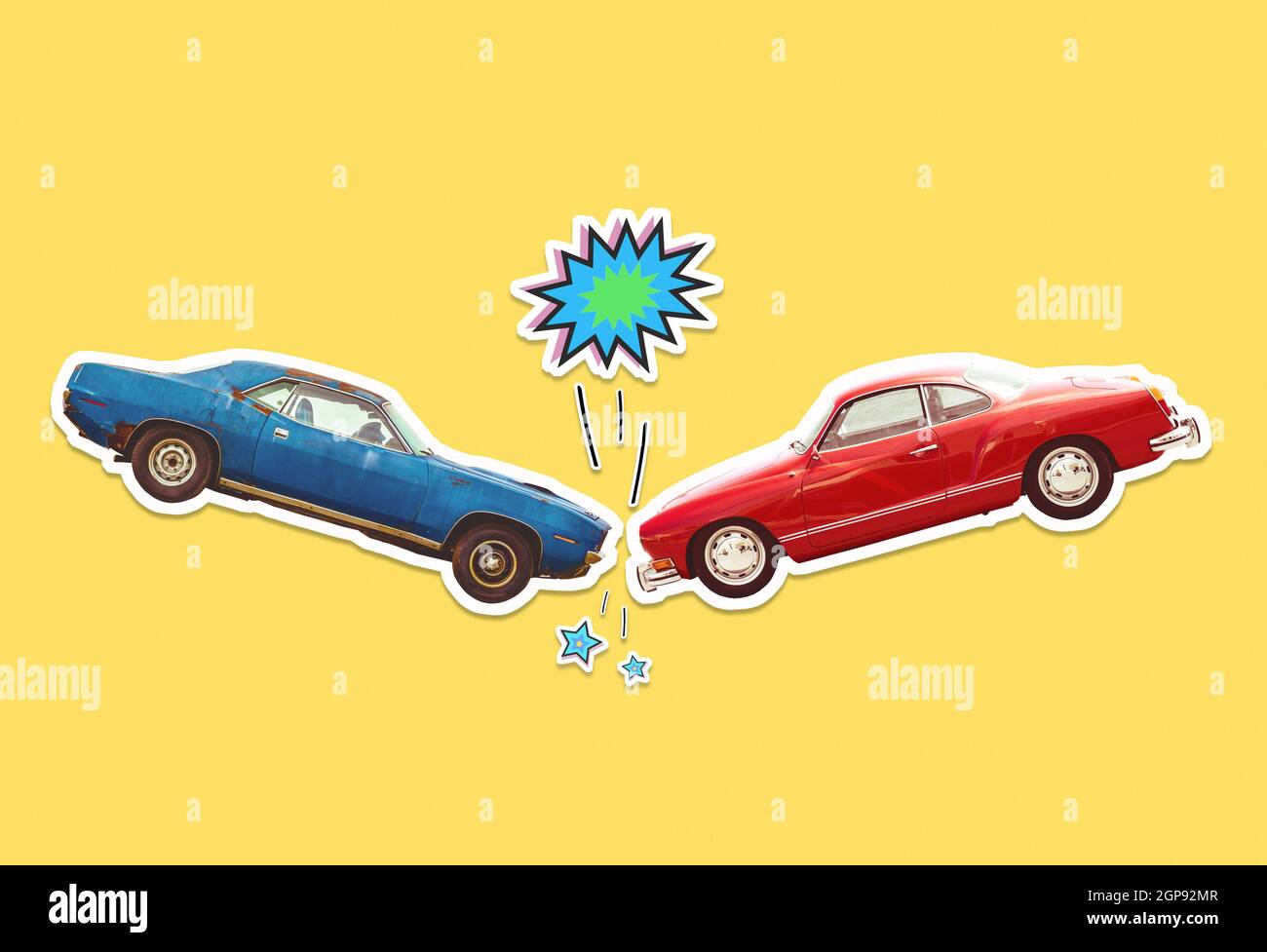 Old vintage car crash illustration in collage cutout style, retro ...