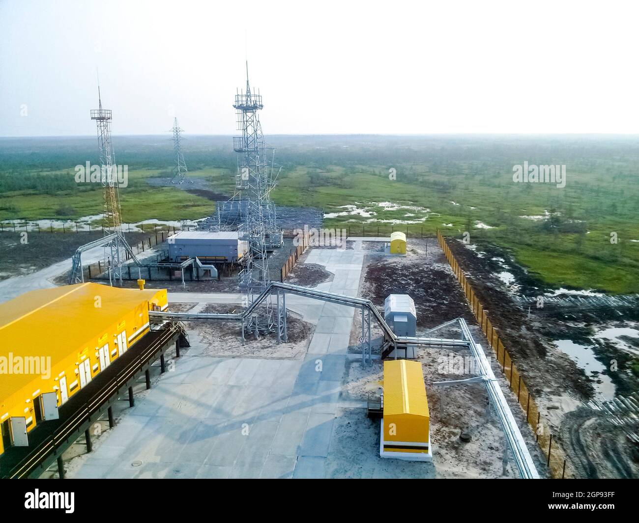 Yellow building - Oil pumping station for oil pumping. Oilfield ...