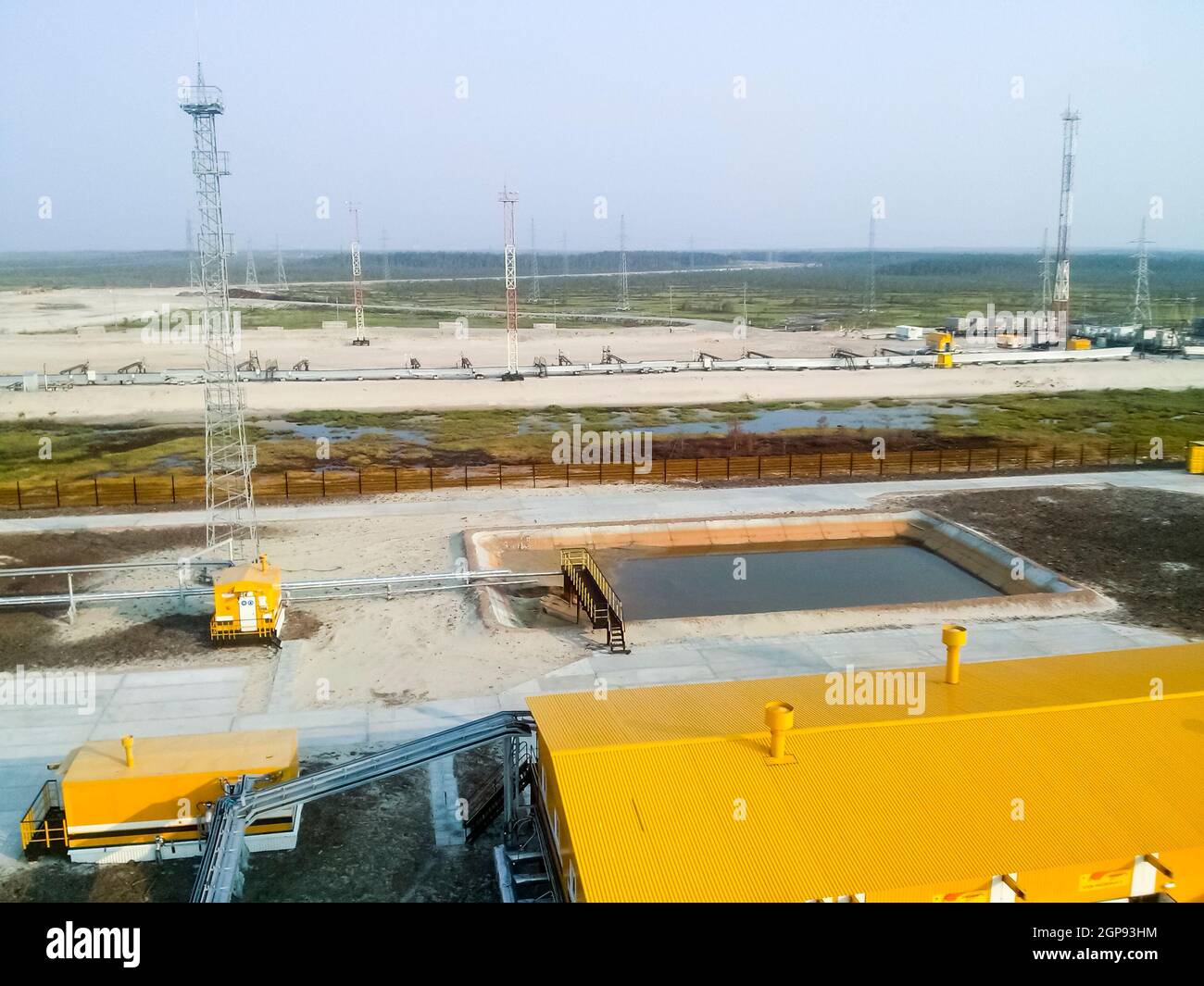 Yellow building - Oil pumping station for oil pumping. Oilfield ...