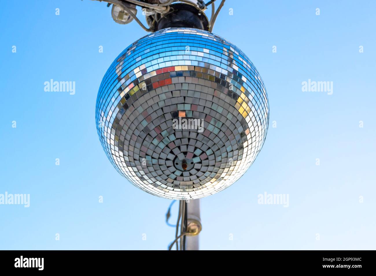 Stroboscope hanging on the wires. Stroboscope for a street disco Stock ...