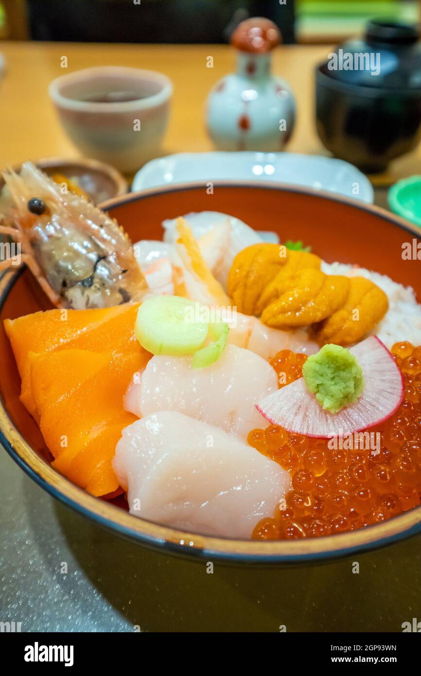 Fresh seafood at fish market in Hakodate, Hokkaido Japan Stock Photo ...