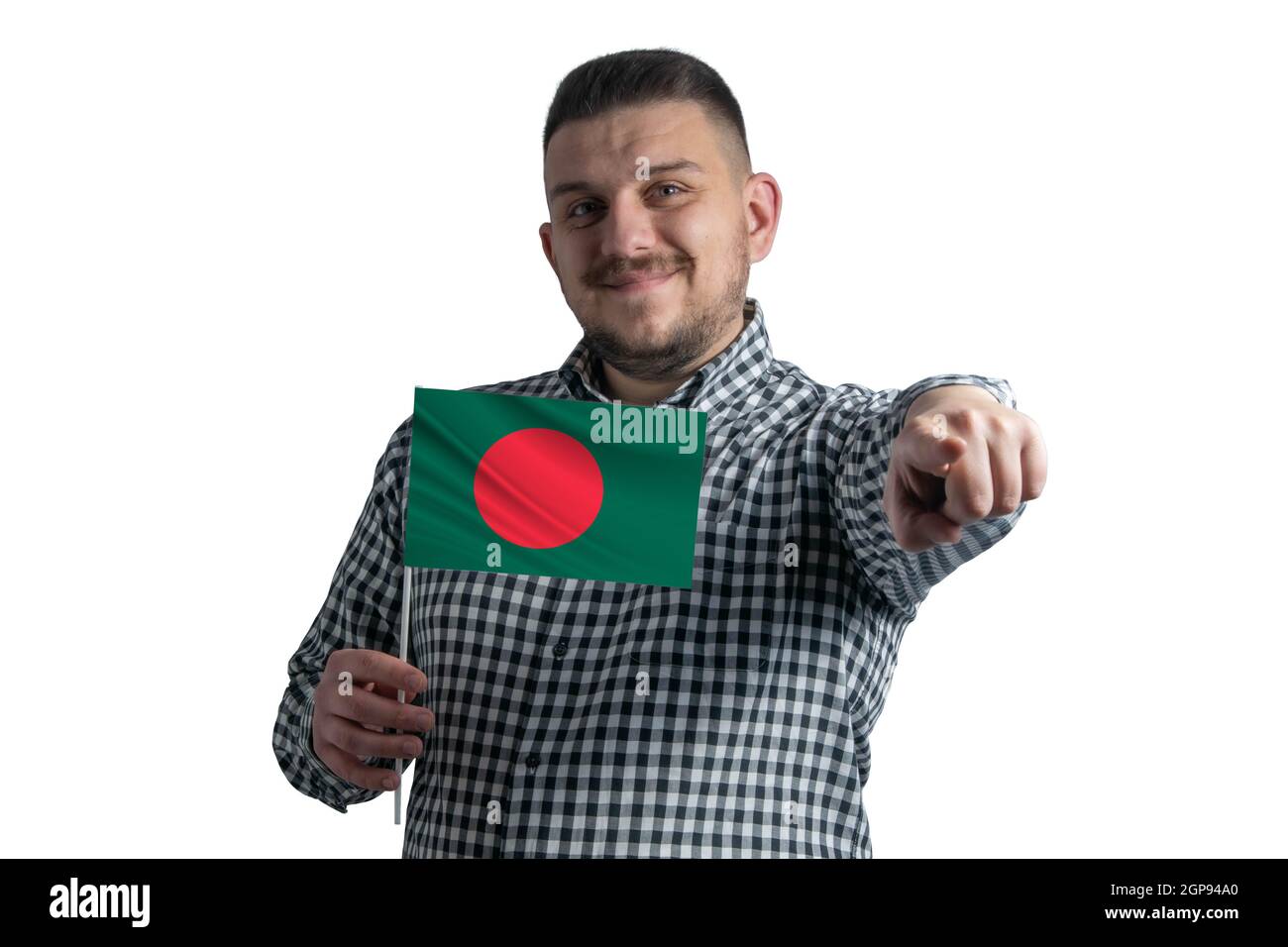 White guy holding a flag of Bangladesh and points forward in front of ...