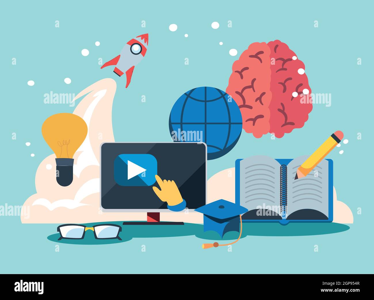 Computer and education symbols on blue background Stock Vector Image ...