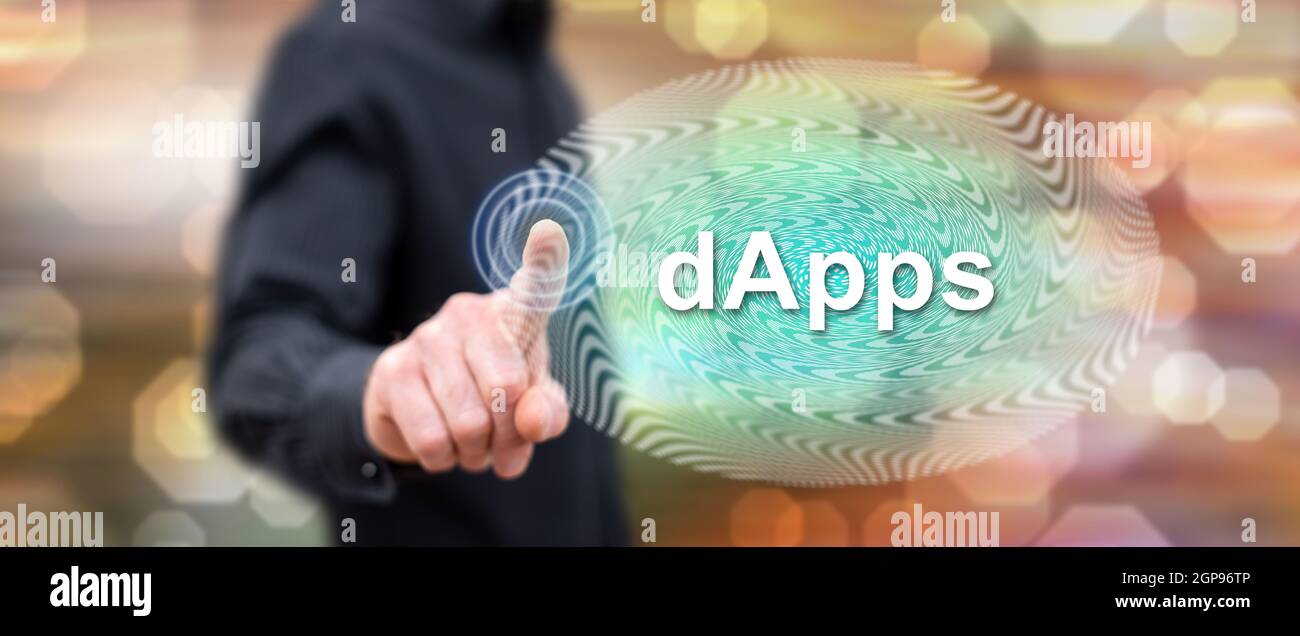 Man touching a dapps concept on a touch screen with his finger Stock ...