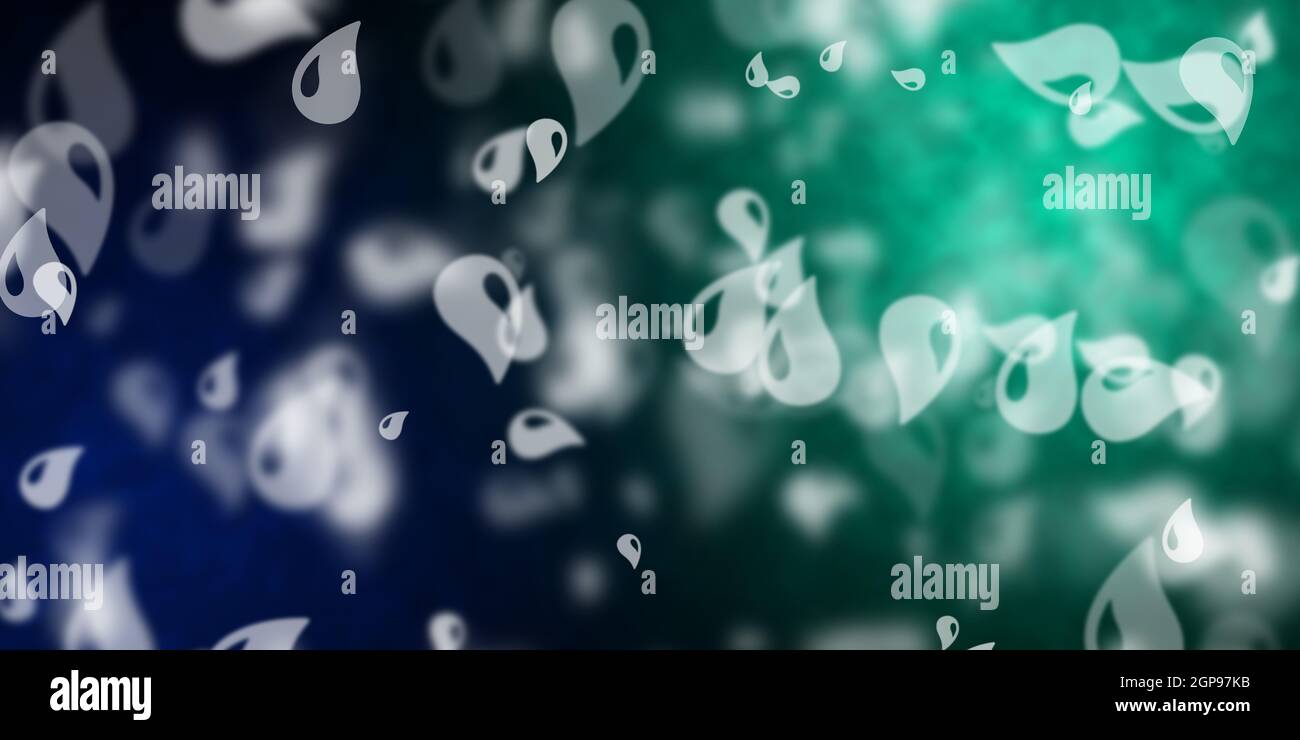 Flying water drops over dark blue and light green background Stock ...
