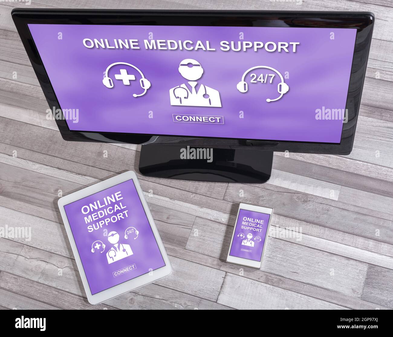 Online medical support concept shown on different information ...