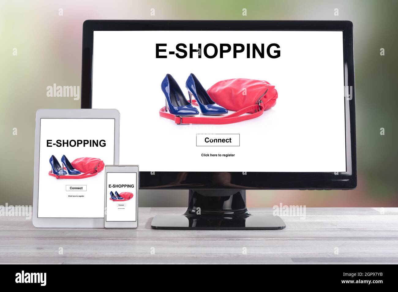 E-shopping concept shown on different information technology devices ...