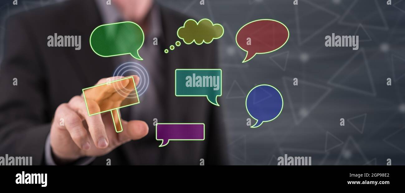 Man touching a communication concept on a touch screen with his finger ...