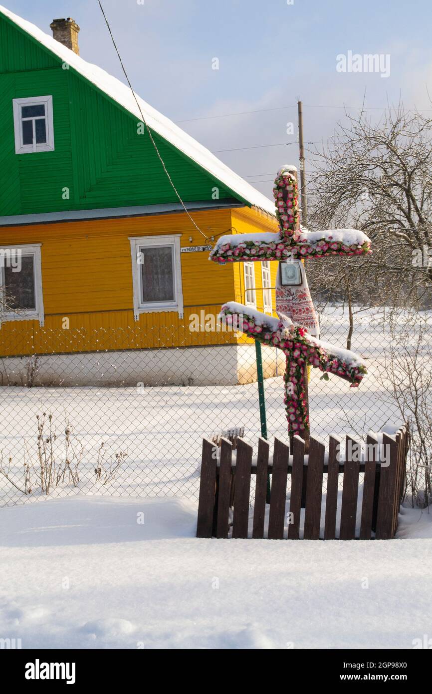 Old wooden cross standing at the crossroads in a village, Belarus.Old ...