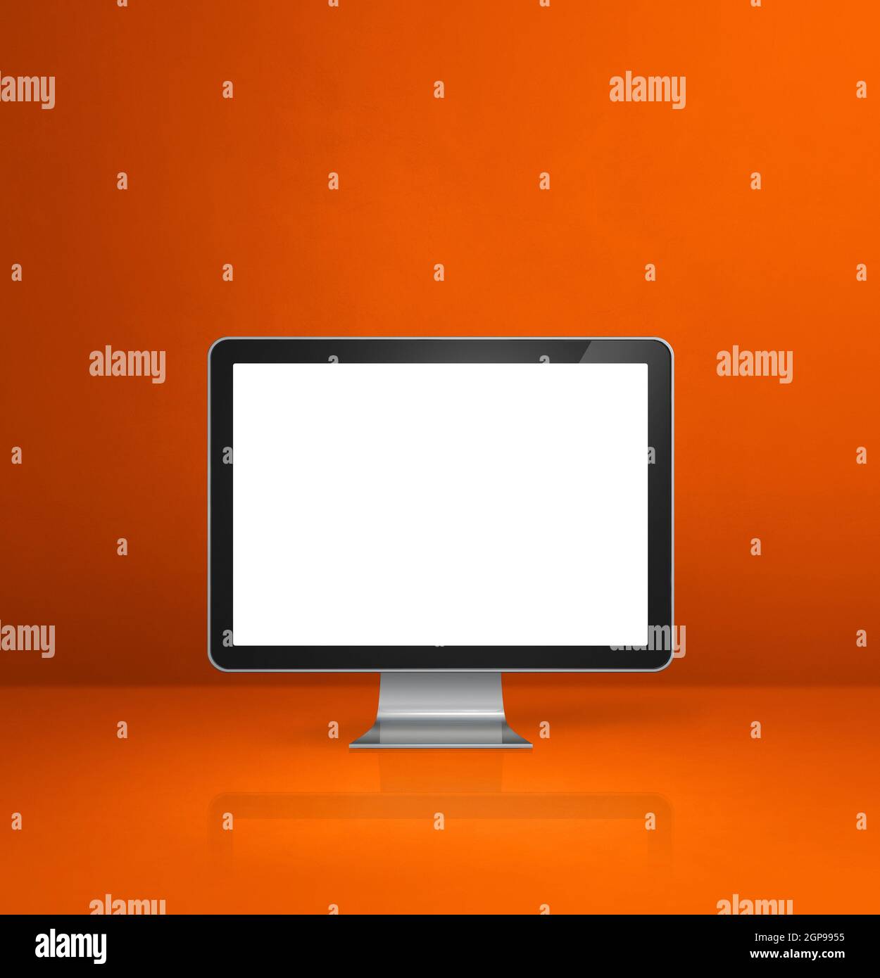 Computer pc - orange office desk background. 3D Illustration Stock ...