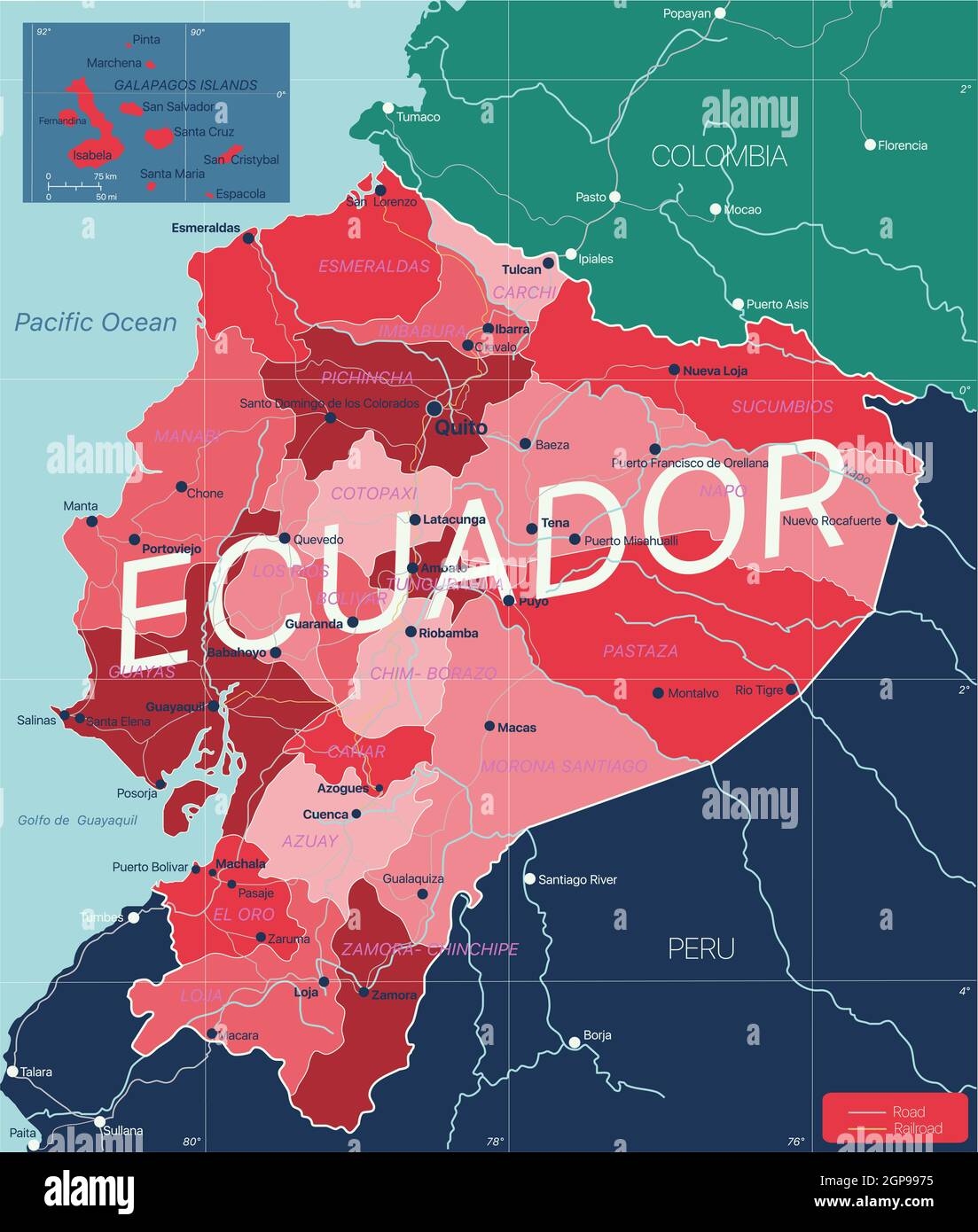 Ecuador country detailed editable map with regions cities and towns ...