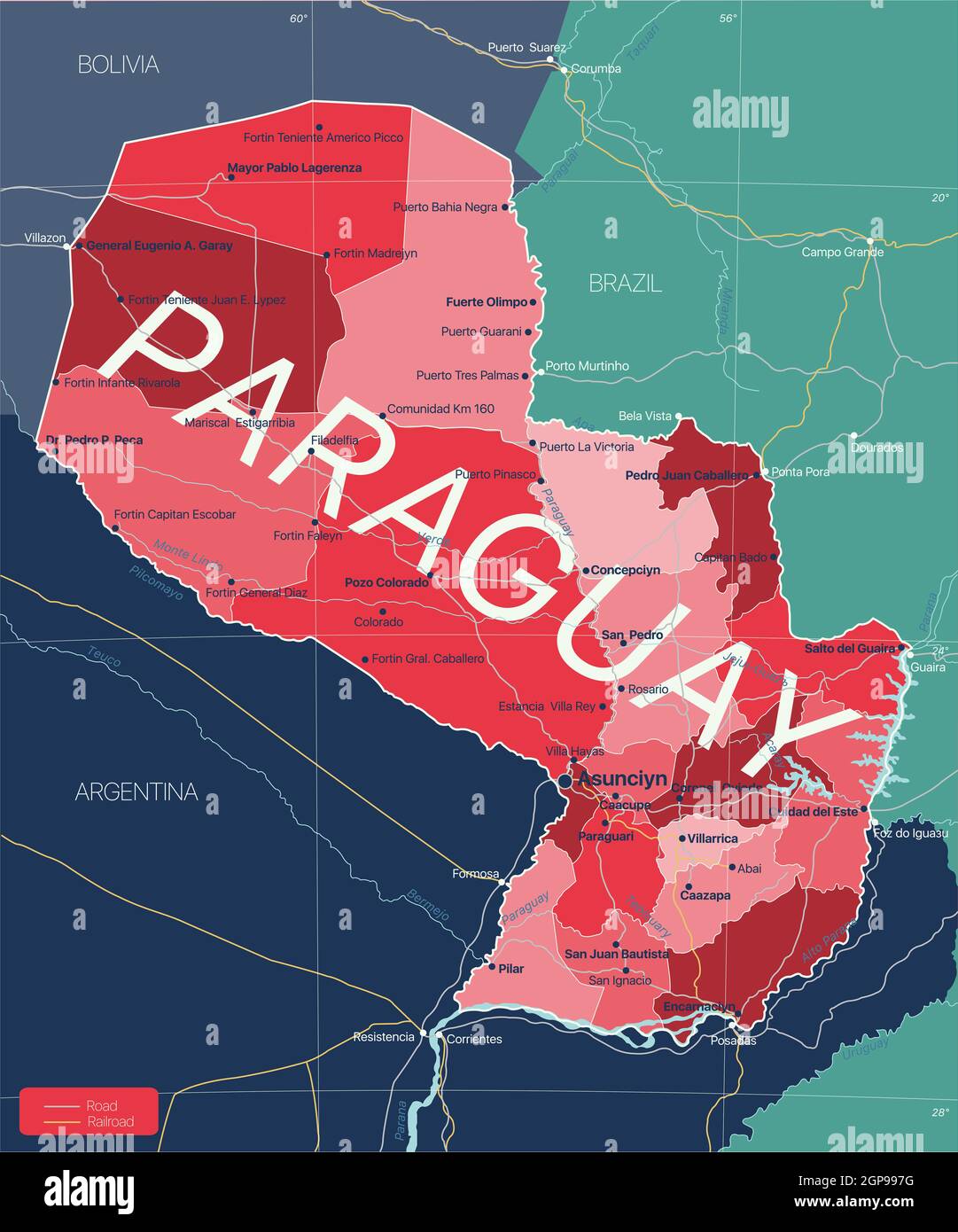 Paraguay country detailed editable map with regions cities and towns ...