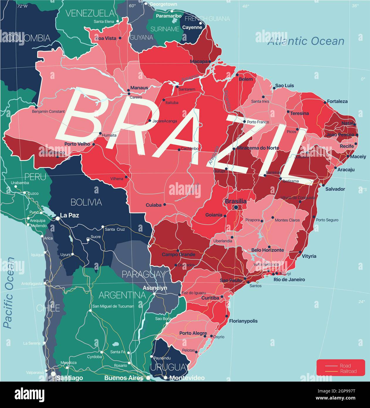 Brazil country detailed editable map with regions cities and towns ...