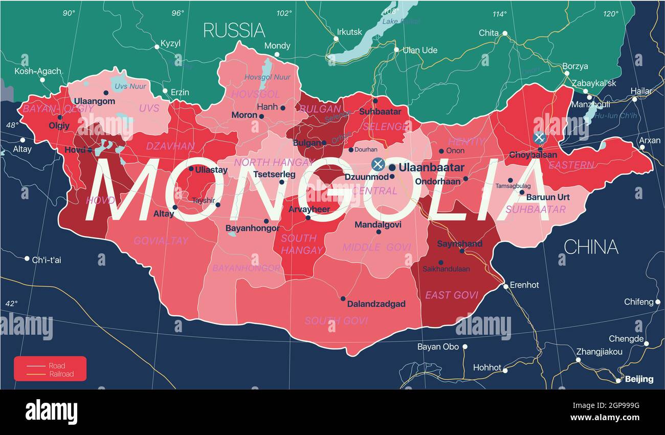 Mongolia country detailed editable map with regions cities and towns ...