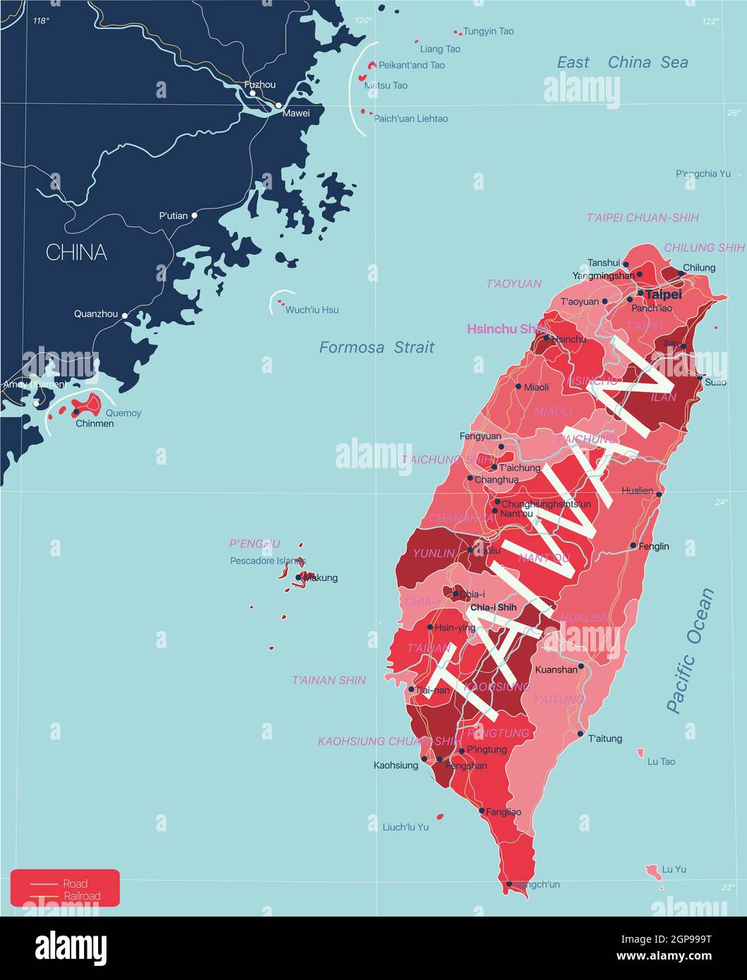 Taiwan detailed editable map with regions cities and towns, roads and ...